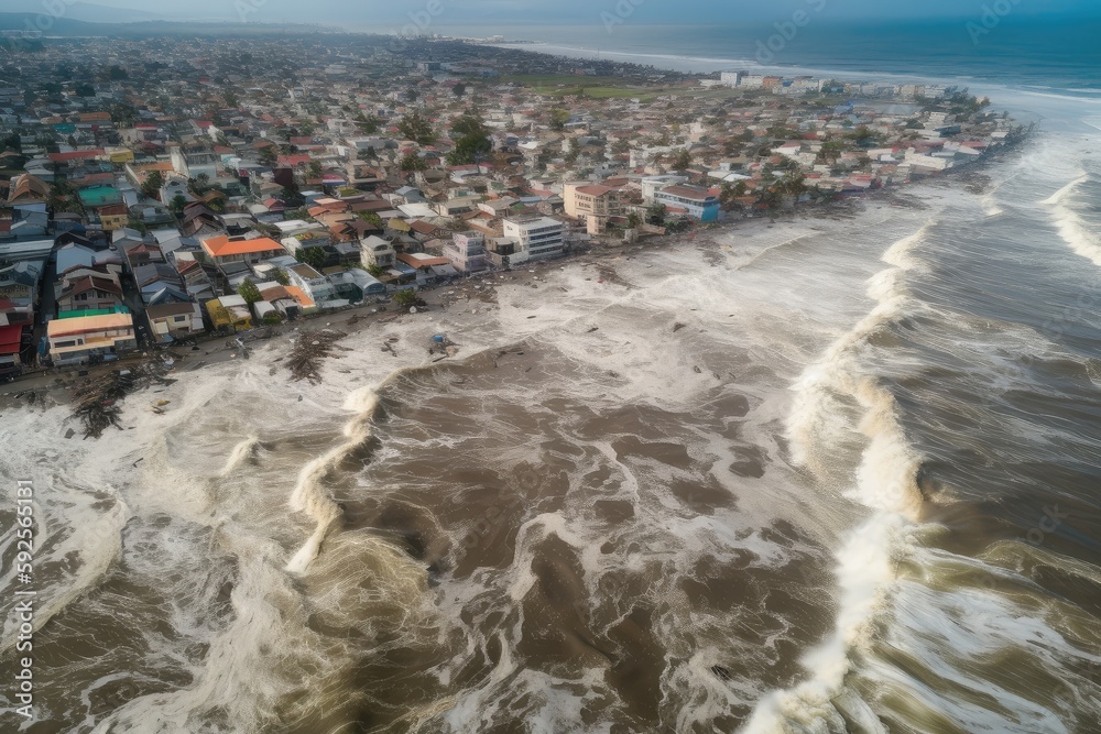 aerial view of tsunami causing widespread destruction and flooding in ...