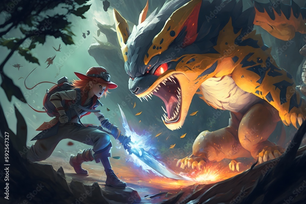 A dragon slayer fighting a gigantic mythical beast in a fantasy ...