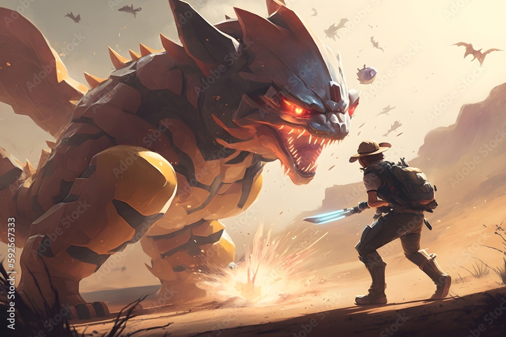 A dragon slayer fighting a gigantic mythical beast in a fantasy ...