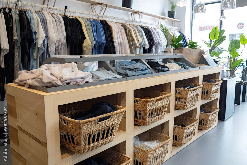 fast fashion store, with bins and baskets for customers to donate ...