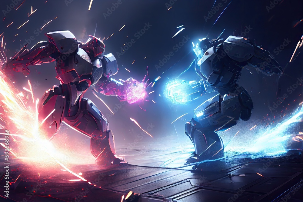 two robots battle it out in futuristic arena, with sparks flying and ...