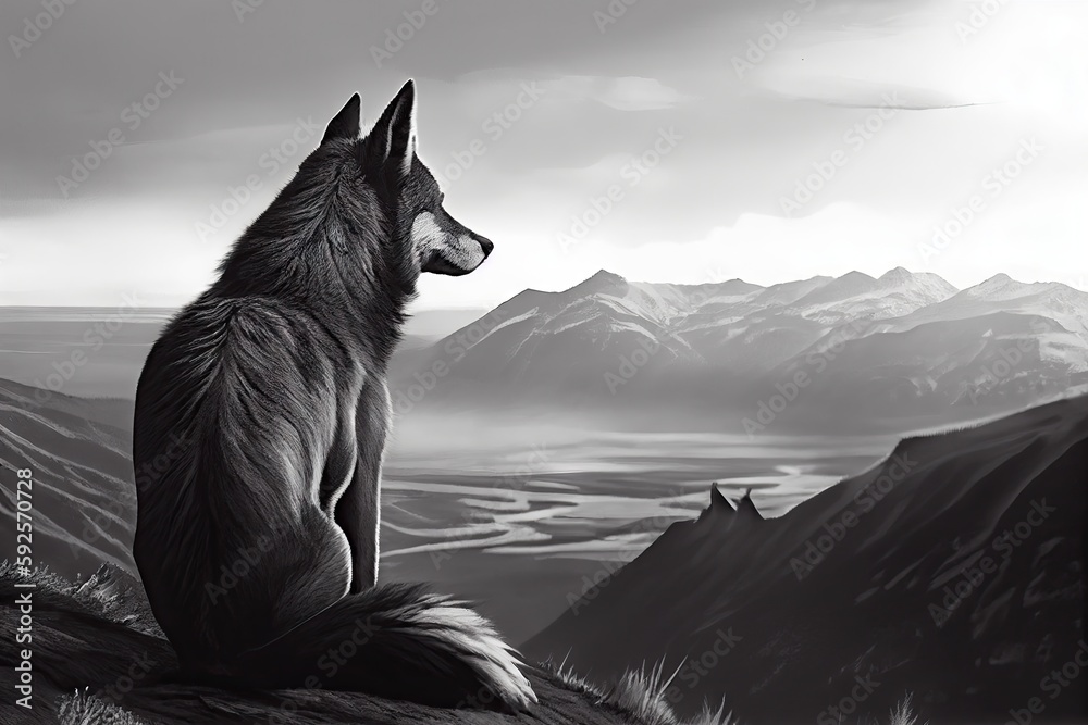 wolf gazing out over mountain range, with its ears perked and whiskers ...