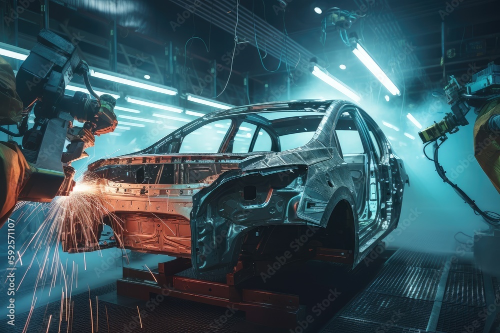 robot, welding together parts of car in futuristic factory, created ...