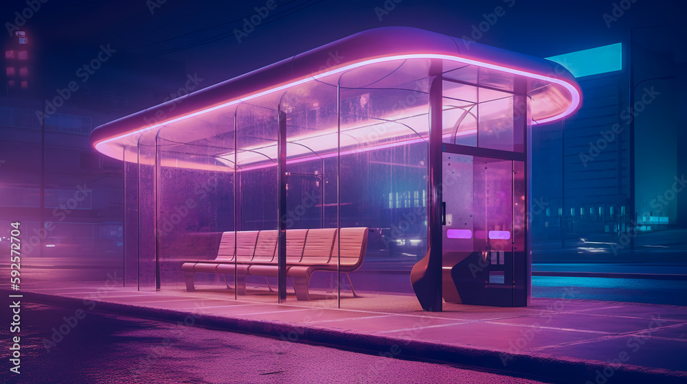 Empty bus stop with blank billboard. Night neon illumination in ...