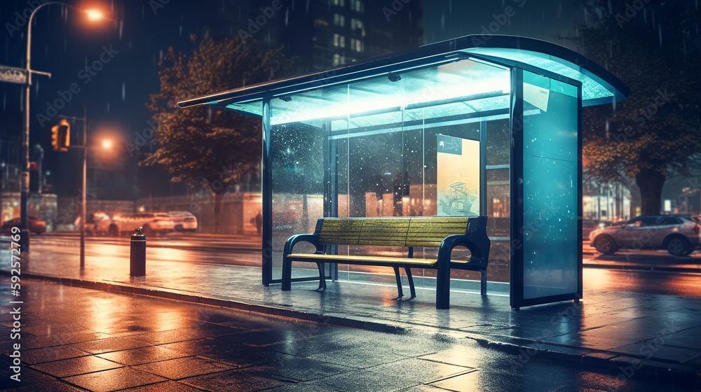 Empty bus stop with blank billboard. Night neon illumination in ...