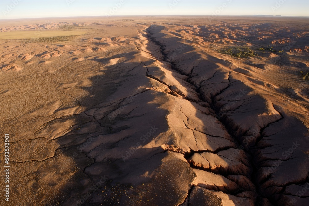 horizontal fault line slicing through earth's surface, with visible ...