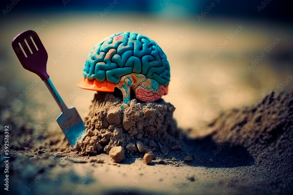 Construction helmet in the form of brain and a spade in the sand at the ...