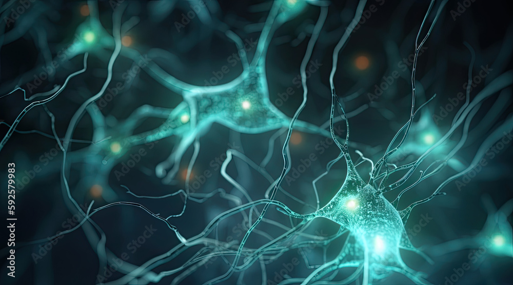 Conceptual illustration of neuron cells with glowing link knots. Blue green Neurons in brain on ...
