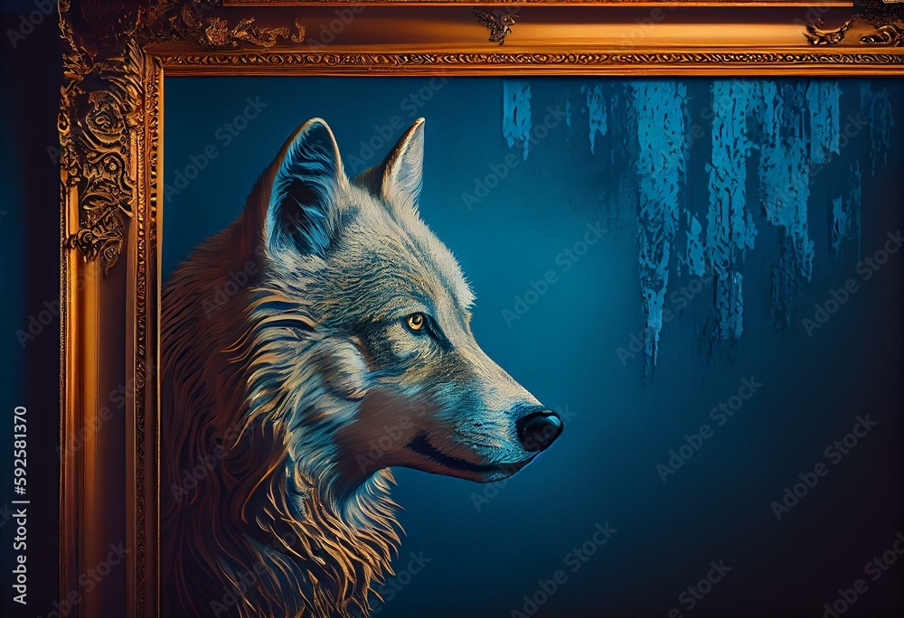 a painting of a wolf in a gold frame on a wall with a blue background ...