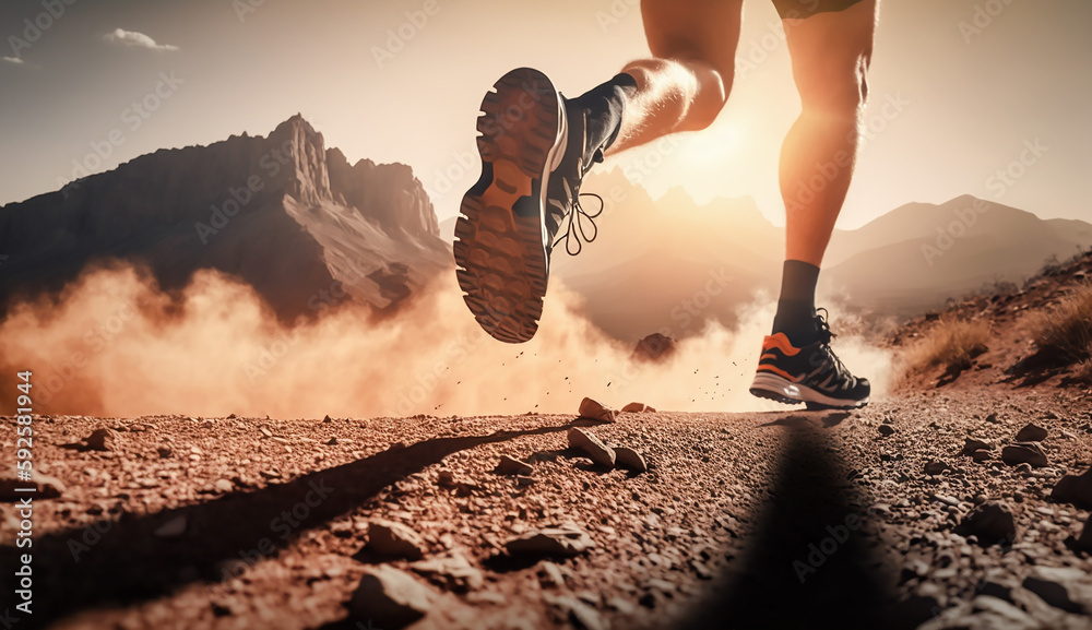 runner athlete running feet with sunlight, training to be winner, self ...