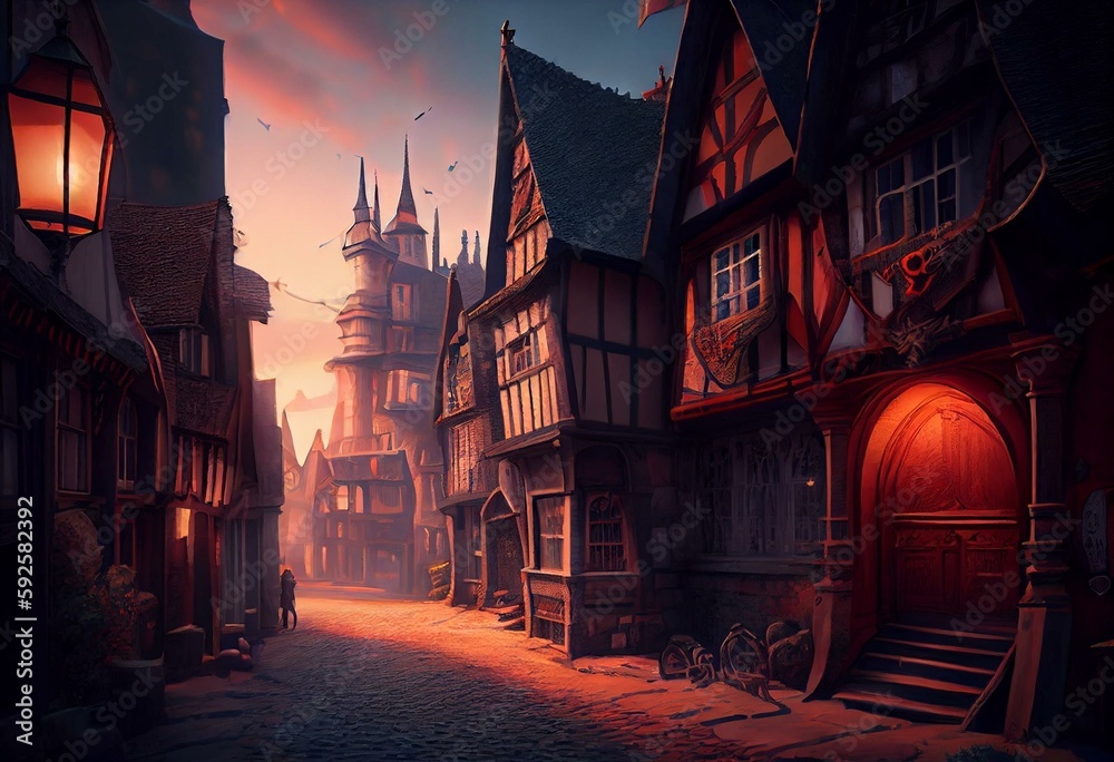 Magic medieval city street with medieval buildings, digital concept art ...