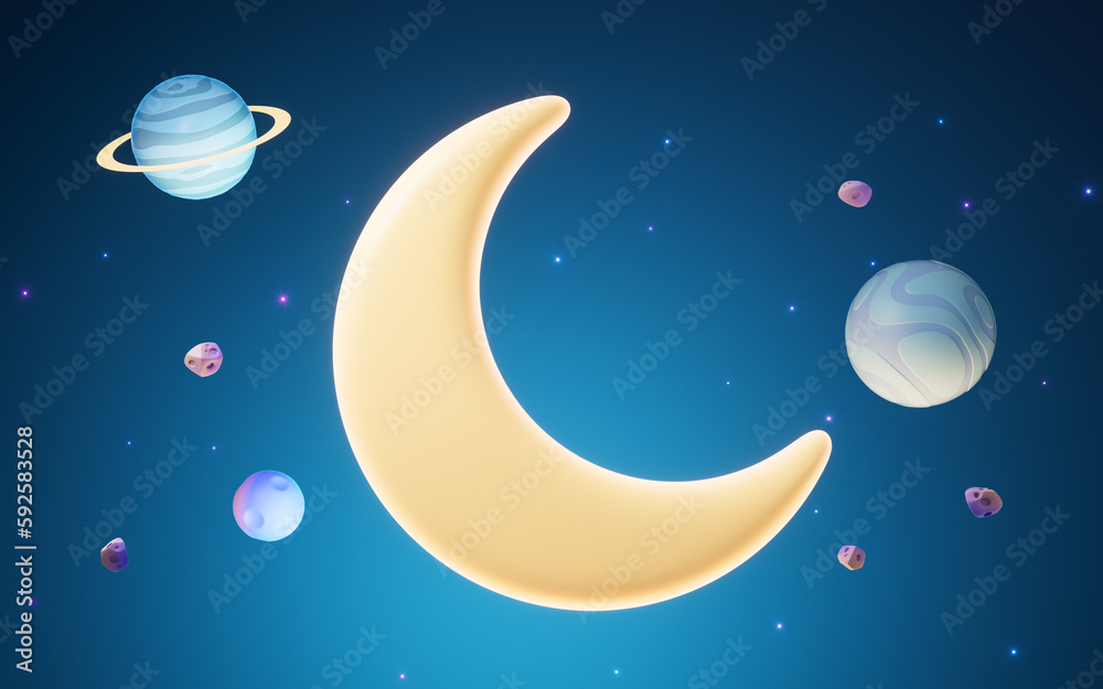 Cartoon style moon in the outer space, 3d rendering. Stock Illustration ...