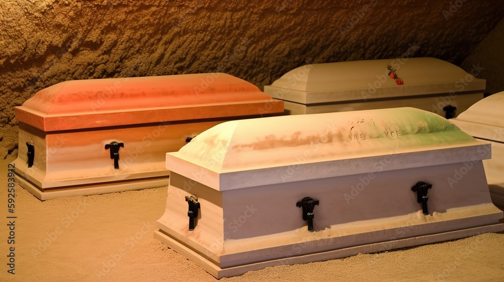 Heavy coffins lie on the sand floor in a very small old dusty cemetery ...