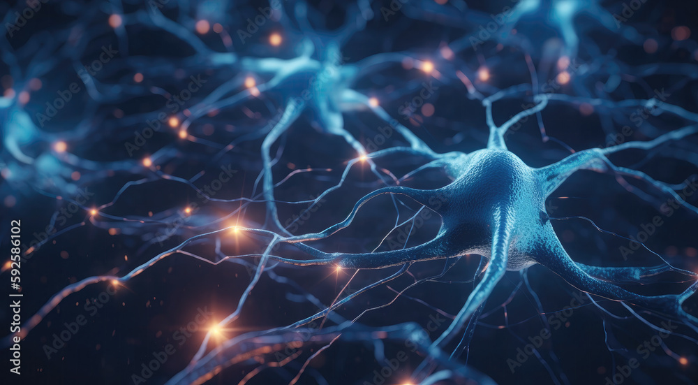 Conceptual illustration of neuron cells with glowing link knots. Blue ...