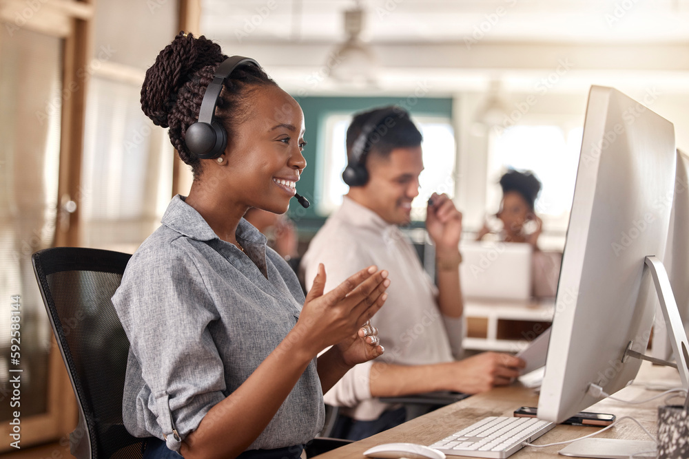 Call center, woman and smile at computer for telemarketing, sales and ...