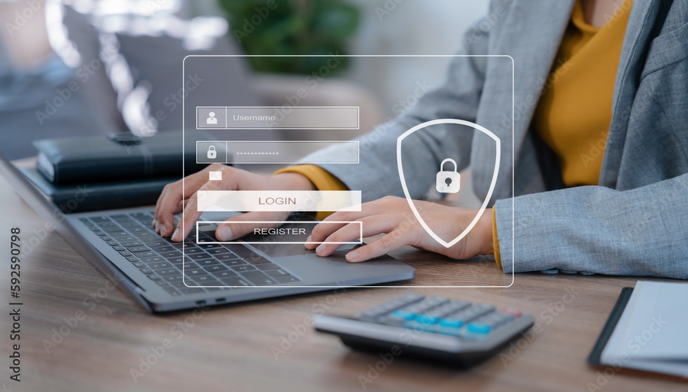 Business woman typing login and password in the concept of cyber ...