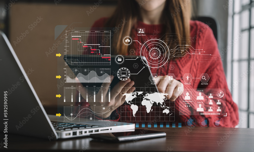 Woman hand Project manager working and update tasks and Gantt chart ...
