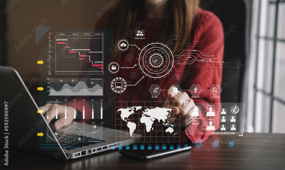Woman hand Project manager working and update tasks and Gantt chart ...