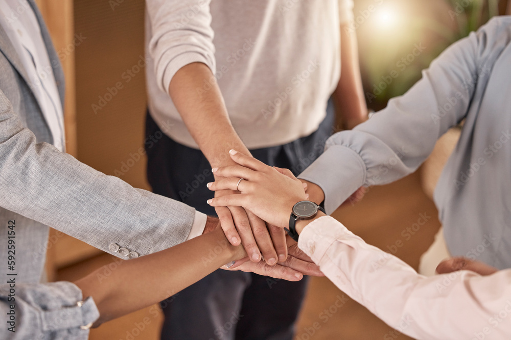 Business people, hands and teamwork in collaboration for meeting, trust or unity and community ...