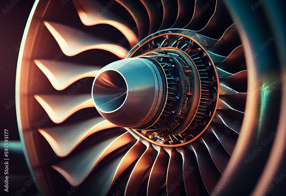 turbine blades of turbo jet engine for plane, aircraft concept in ...