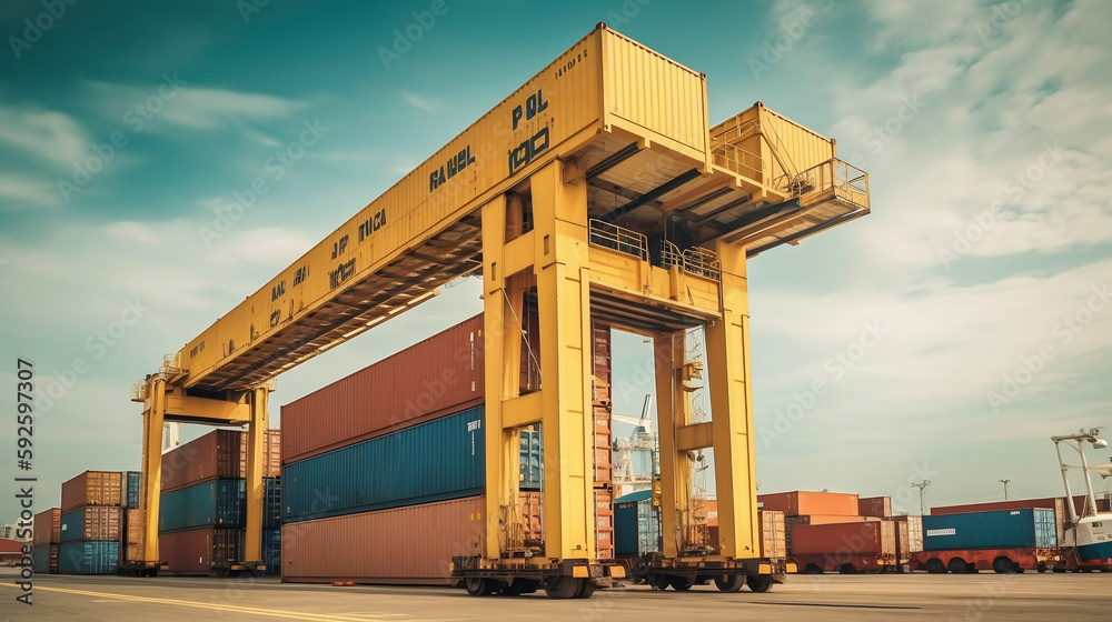 Container stacker crane lifting up stacking container box in yard ...