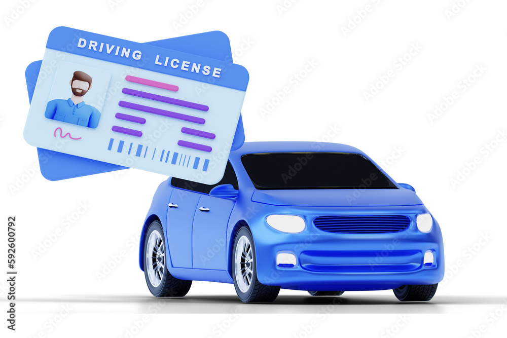 Driving license with car 3d illustration with photo. Identification or ...
