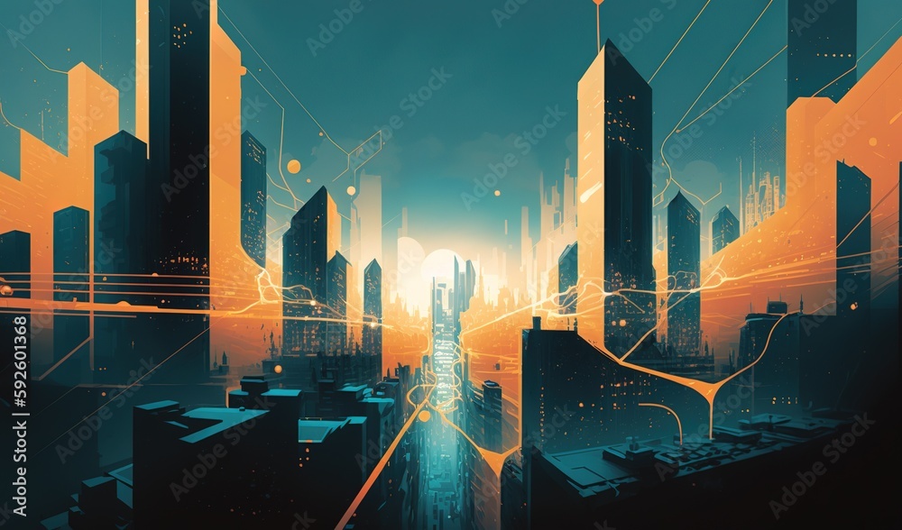 Modern city with wireless network connection and cityscape concept ...