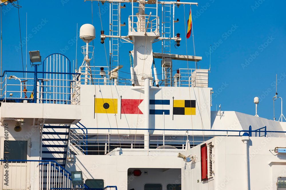 Foto de Nautical flags on a cruise ship. Navigation symbols ...