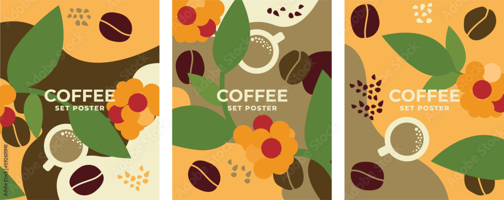 Coffee design poster set. Vector drawing of coffee grains and coffee ...