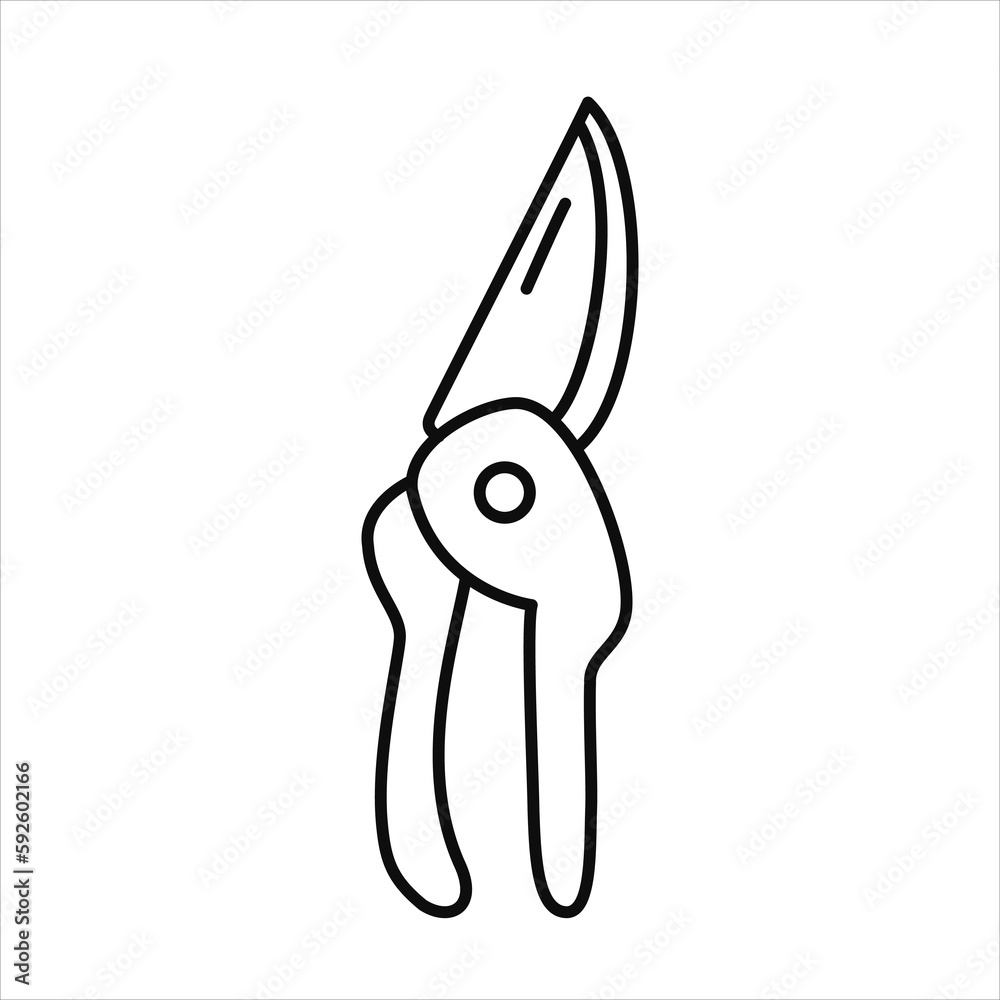 Vector black line illustration of garden tool pruner. Spring, summer ...