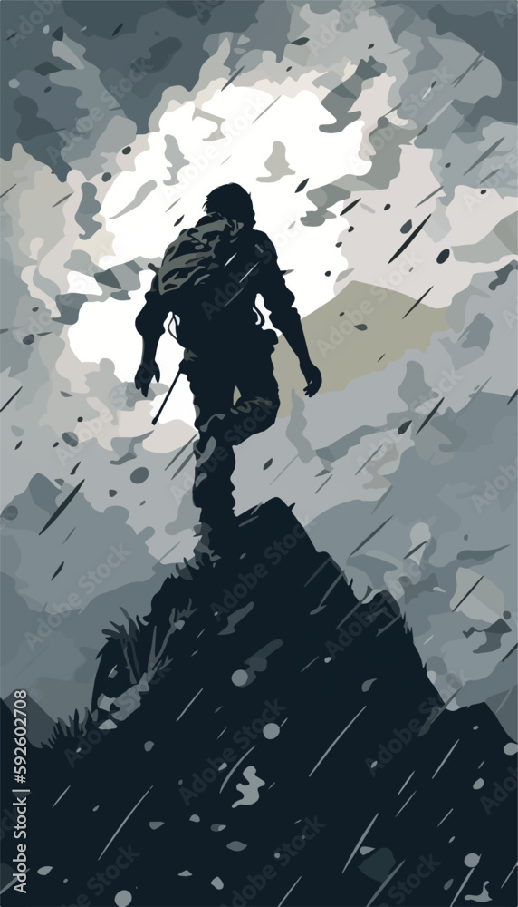 Epic climber on top of a mountain. Vector drawing, black and white ...