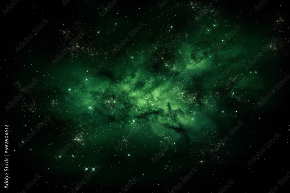 bright green star in starfield dark galaxy planets in a free space ...