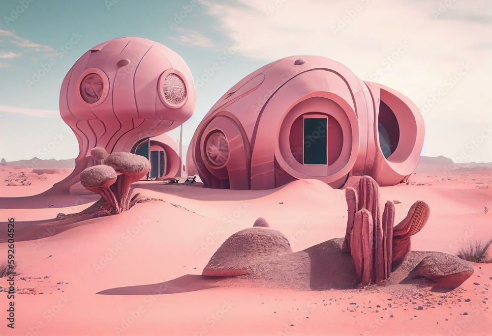 Funny-looking futuristic houses and buildings in the pink desert. An ...