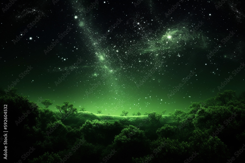 bright green star in starfield dark galaxy planets in a free space ...