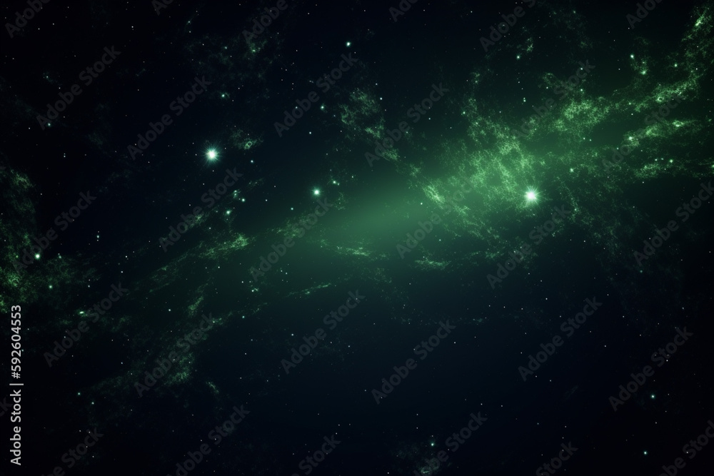 bright green star in starfield dark galaxy planets in a free space ...