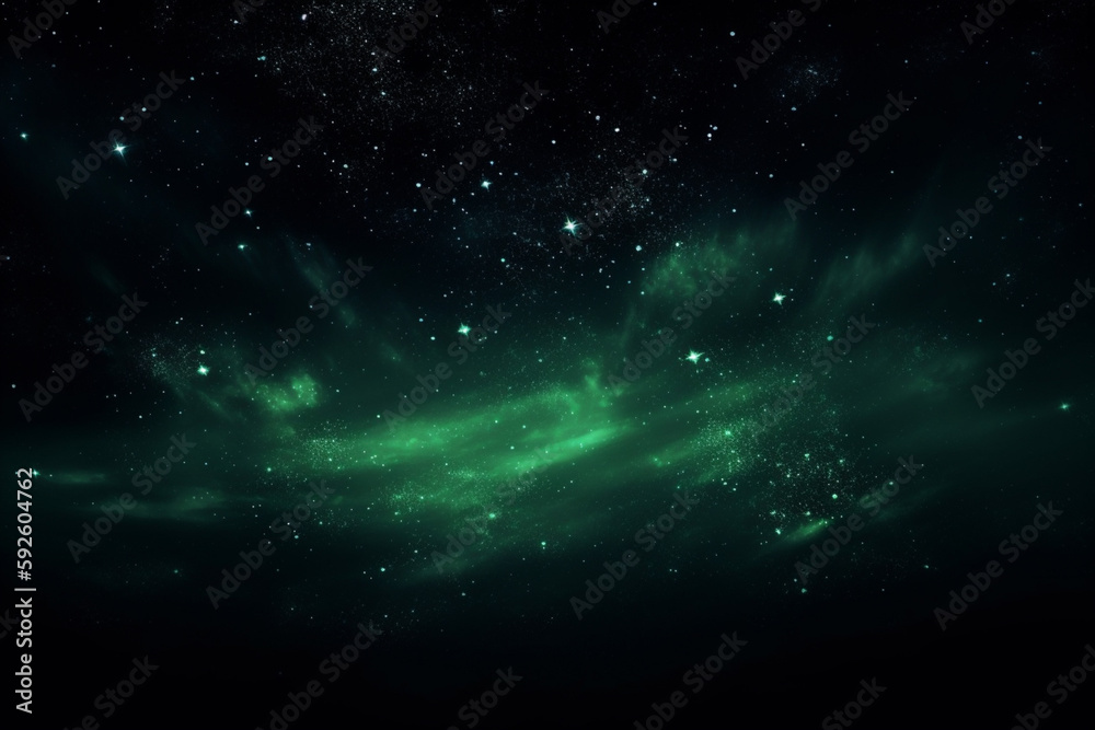 bright green star in starfield dark galaxy planets in a free space ...