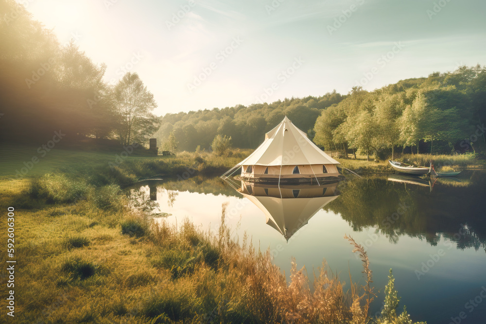 Glamping. Glamorous luxury camping. Glamping on a beautiful lake in the ...