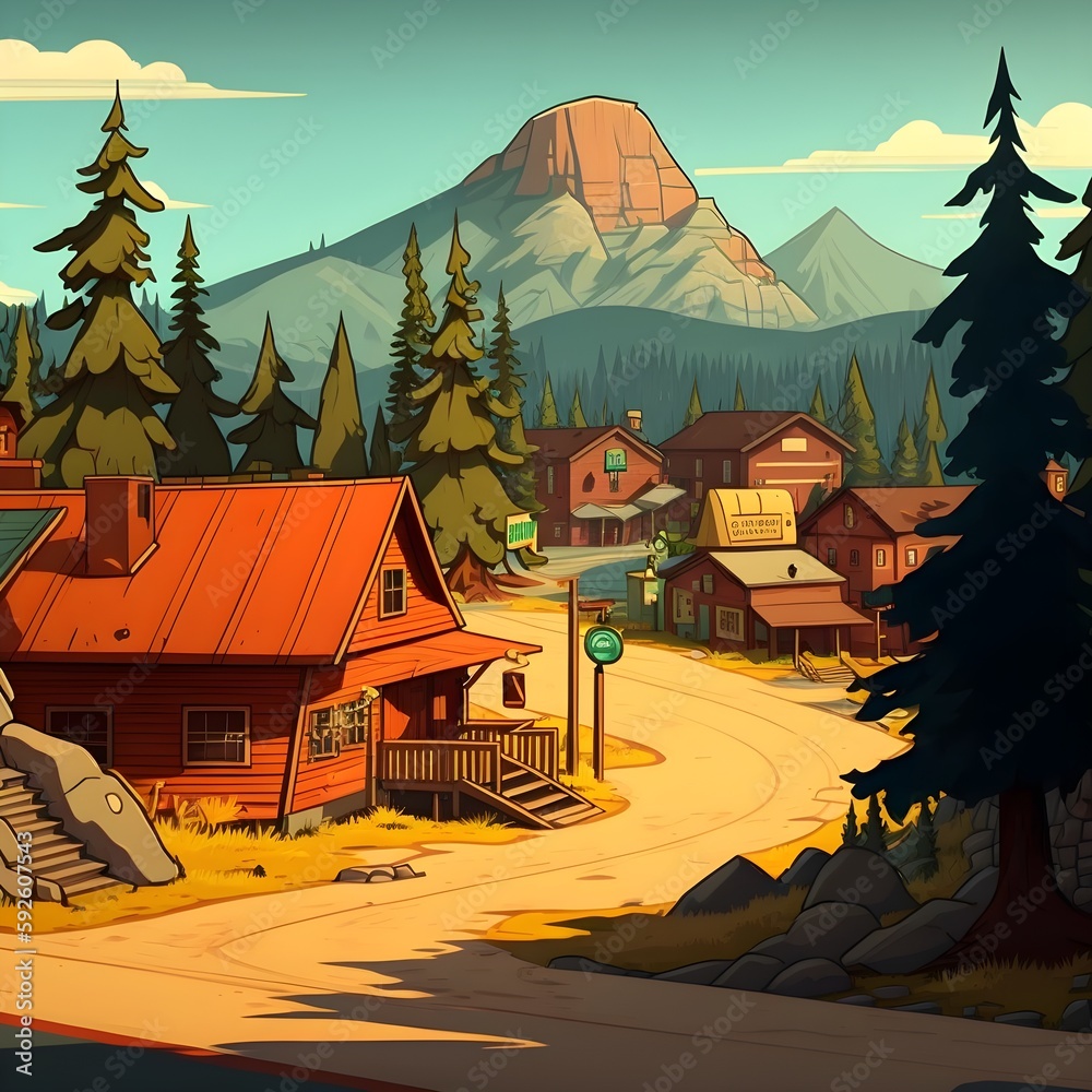 cartoon background of a redneck town with hills and trees Stock ...