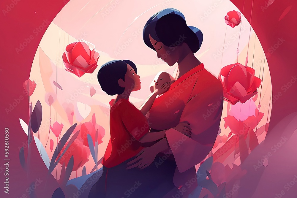 Beautiful mothers day Illustration where Mother is hugging her Children ...