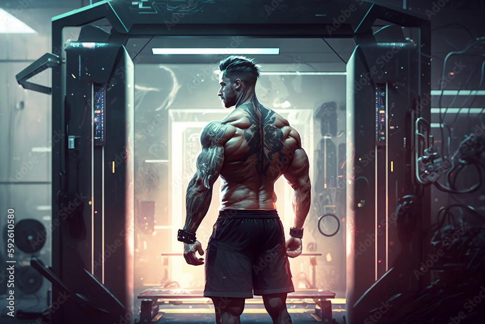Handsome muscular man in fitness outfit on gym background with copy ...