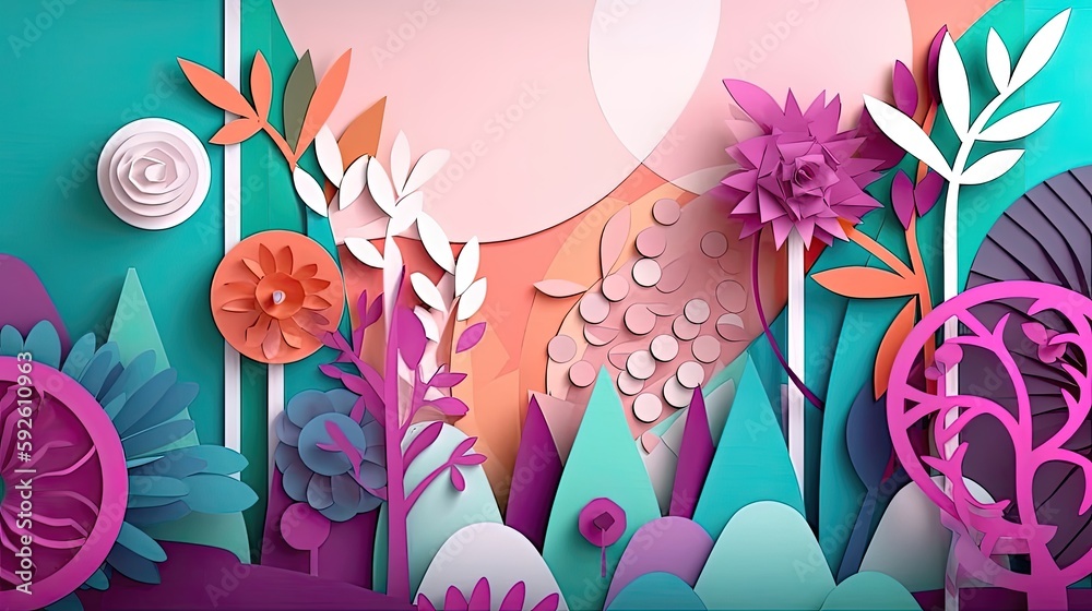 The abstract paper cutout background features a mix of whimsical and ...