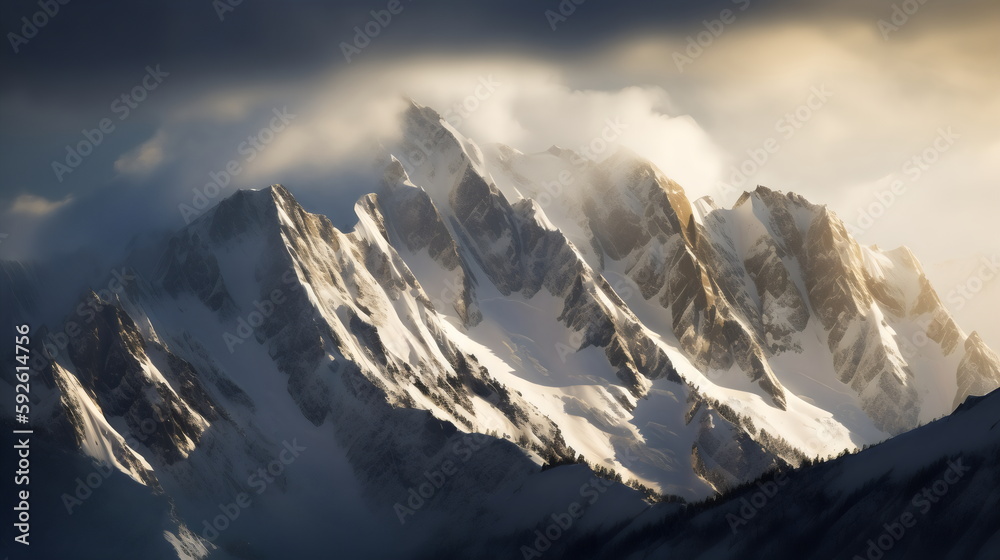 snowy majesty: a breathtaking view of mountain peaks blanketed in fresh ...