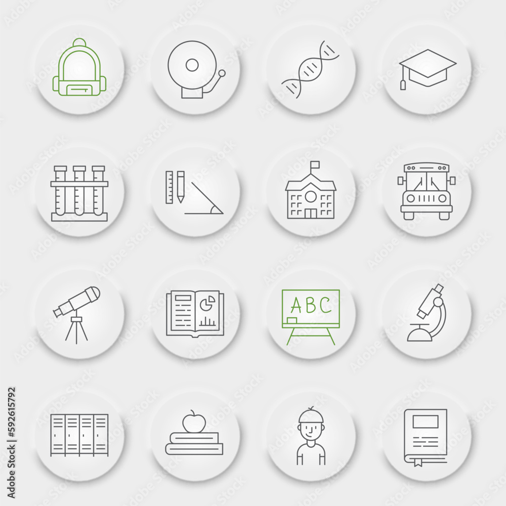 School Line Icon Set Education Symbols Collection Vector Sketches Neumorphic Ui Ux Buttons