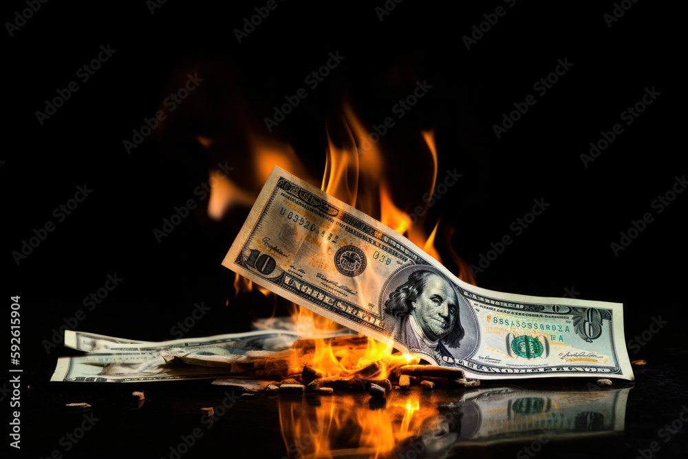 Burning dollar bill on fiery texture background, representing the ...