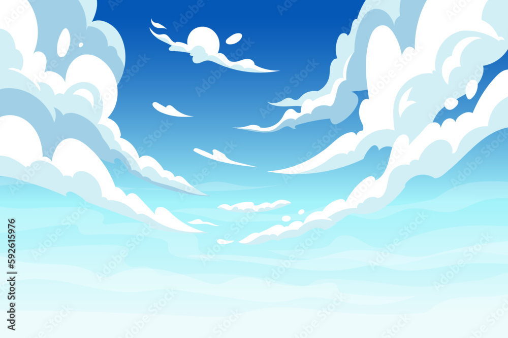 Blue sky, heaven anime curve clouds. Nature sea sun landscape, gradient ...
