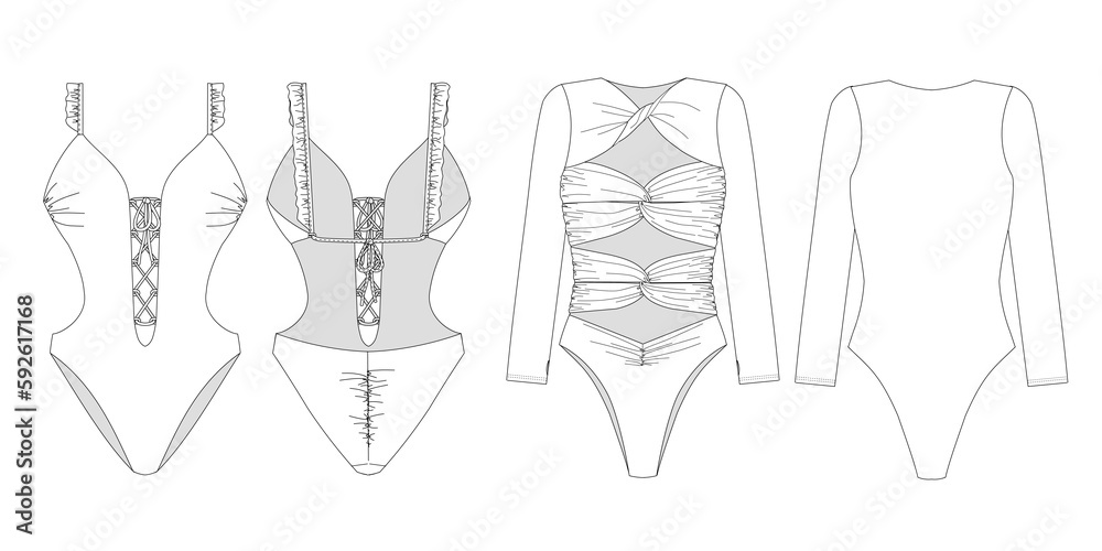 "Woman and girl sustainable swimwear, technical drawing, outline ...