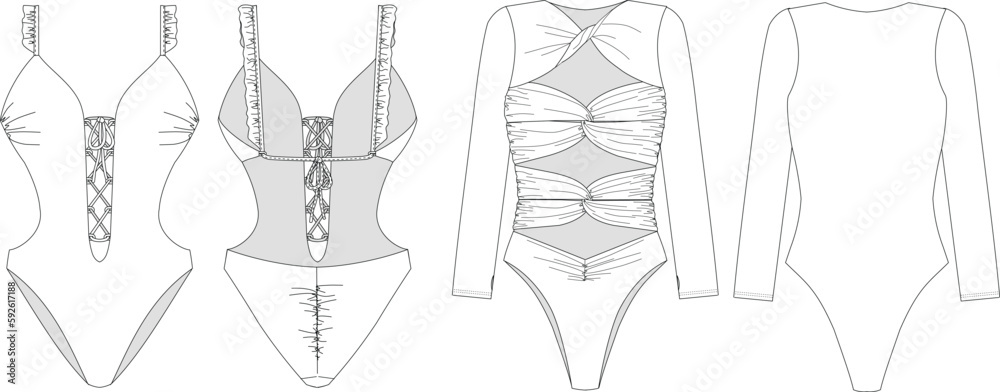 Póster "Woman and girl sustainable swimwear, technical drawing, outline ...