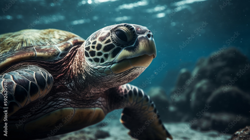 Sea turtle close up over coral reef. AI generated Stock Illustration ...