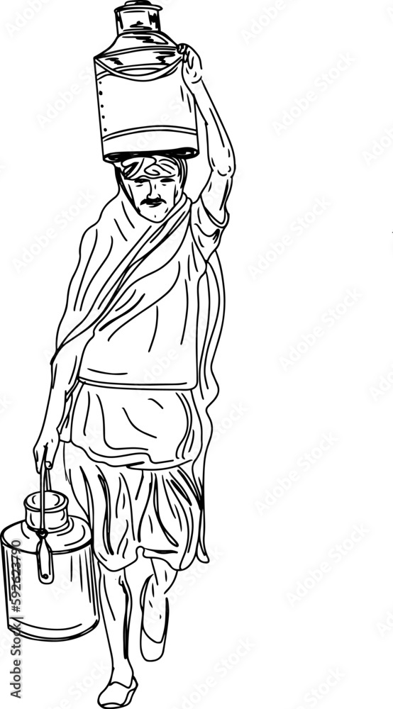 Indian milkman sketch Milk vendor drawing Indian dairy farmer ...