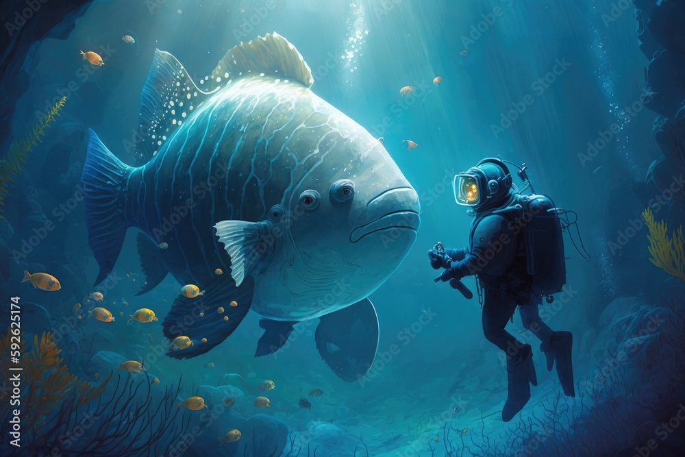 Underwater world. Scuba diver and giant grouper fish swimming ...